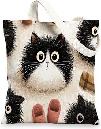 Generic Sacs fourre-tout en toile avec motif chat mignon, adorable motif félin, sacs dépicerie réutilisables, amusants dessins animés légers et lavables avec 