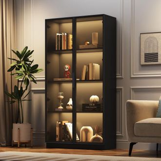STILVORA Vitrine avec Portes Verre, LED Contr&ocirc;l&eacute;e par Application et &Eacute;tag&egrave;res R&eacute;glables, Moderne, Cadres en Aluminium, en Panneau de Particules, Noir