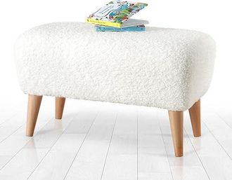 Atelier Del Sofa Scandinavian Pouffe with 100% Faux Fur, White, 61 x 33 x 32 cm | Wooden Legs, 6 cm Orthopedic Sponge | Stylish & Comfortable Accent for Modern Spaces