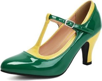 Generic Chaussures Mary Jane &agrave; bout pointu avec sangle en T pour femme avec boucle et talons mi-hauts d&eacute;contract&eacute;s, Vert, 38.5 EU