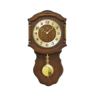 SELVA Quarz-Pendeluhr Kempten, extra leise, dekorative Holzwanduhr mit goldfarbenem Zahlenreif (Nussbaum)