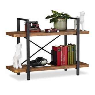 Relaxdays Industrial Regal, Standregal mit 2 Ebenen, HBT: 64,5 x 90 x 33,5 cm, MDF & Metall, modernes B&uuml;cherregal, braun