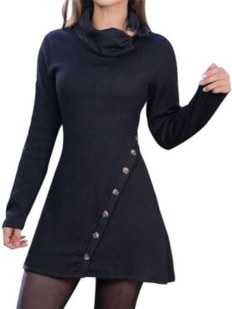 ORANDESIGNE Robe Pull Courte Femme Automne Hiver Robe Tricotée Col Rond Manches Longues Tresser A-Ligne Élégante I Noir XXL