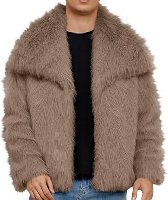 Generic Manteau dhiver chaud en fausse fourrure pour homme avec col à revers - Veste rembourrée douce et ouverte - Confortable - Solide - Manches longues, bei