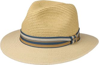 Stetson Romaro Toyo Traveller Strohhut Herren UV-Schutz 40+ Breite Krempe Gestreifte Ripsbandgarnitur Fr&uuml;hjahr Sommer beige M (56-57 cm)