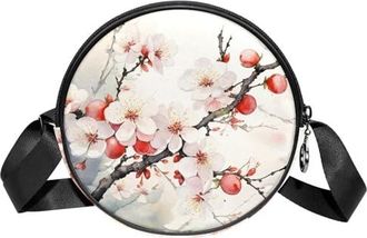 Generic Petit sac &agrave; bandouli&egrave;re circulaire pour femme, motif fleur de prunier aquarelle avec fermeture &eacute;clair, bretelles r&eacute;glables, sac &agrave; main rond d&eacute;contract