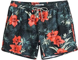 Maamgic Short de Bains Homme Maillot de Bain Court 4 Way Stretch Vintage 80 90 Séchage Vite pour Vacance a la Plage, Vert Fleurs Rouges, XXL