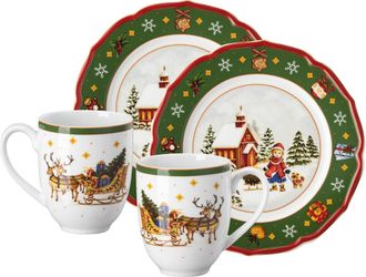 Hutschenreuther gr&uuml;nes Happy Wintertime Christmas Set, Porzellan, Weihnachtsdekoration, Mehrfarbig, 4-teiliges Set mit 2 Weihnachtstassen und 2 Tellern, mikrowellen- 