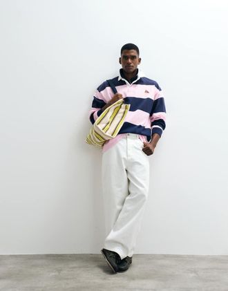 Polo Ralph Lauren polo rugby oversize &agrave; logo drapeau et rayures bloc bleu marine et rose