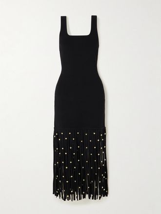SIMKHAI Romelia Midikleid Aus Stretch-strick Mit Fransen Und Verzierungen - Schwarz