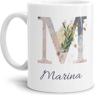 Tassendruck Tasse mit Buchstabe M und Blumen - mit Name personalisiert - Initiale, Namens-Tasse, Buchstaben Tasse, Geschenk I Keramik Weiß, 300 ml