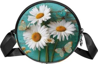 Generic Sac &agrave; bandouli&egrave;re rond pour femme, motif papillons, marguerites, petit sac &agrave; bandouli&egrave;re avec fermeture &eacute;clair, bretelles r&eacute;glables, sac &agrave; main rond d