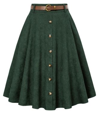 Belle Poque Damen Cordrock mit Gürtel elastisch hohe Taille ausgestellte A-Linie Midi Rock