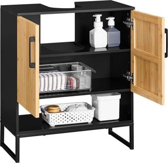 SoBuy Sobuy - Meuble sous lavabo 60 cm en bambou et m&eacute;tal - R&eacute;sistant &agrave; lhumidit&eacute; - Rangement personnalisable - Compatible avec vasques - BZR202SCH