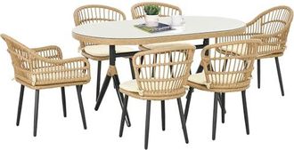 OUTSUNNY Salon de Jardin 6 Personnes Ensemble de Salle &agrave; Manger en rotin PE - 1 Table rectangulaire et 6 chaises avec Coussins - Plateau en Verre tremp&eacute;, Cadre