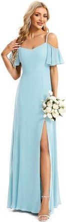 Ever-pretty Robe Demoiselle dhonneur Femme Épaules Dénudées Bretelles Volants Fendue Mousseline Robe Maxi Bleu Ciel 46