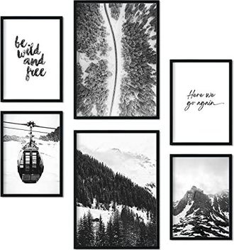 Nacnic Ensemble de 6 Posters d&eacute;coratifs noir et blanc - D&eacute;coration murale salon, chambre, chambre &agrave; coucher - Neige, hiver, nordique, moderne - A3 et A4. Ave