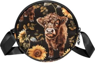 Generic Sac &agrave; bandouli&egrave;re rond pour femme, motif vache et tournesol avec fermeture &eacute;clair et bretelles r&eacute;glables