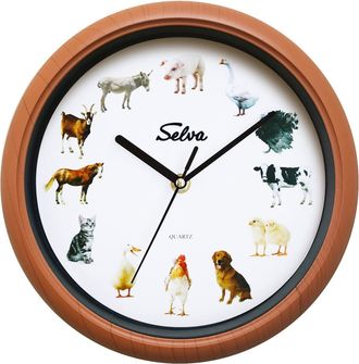 SELVA Tieruhr, Wanduhr, mit Tierlauten zu jeder Stunde und farbenfrohe Illustrationen, Geh&auml;use aus Kunststoff, Holzoptik, Farbe:Bauernhoftiere