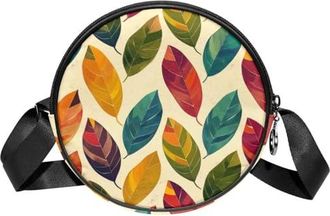 Generic Sac &agrave; bandouli&egrave;re rond pour femme, motif feuilles color&eacute;es, petit sac &agrave; bandouli&egrave;re avec fermeture &eacute;clair, bretelles r&eacute;glables, sac &agrave; main rond d&eacute;cont