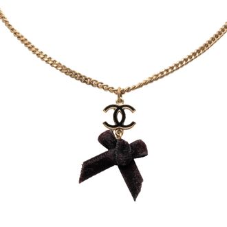 Chanel CC Gold Plated Enamel Velvet Bow Pendant Necklace