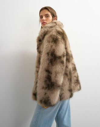 Topshop mittellange Jacke in braun gesprenkelt mit faux-fur