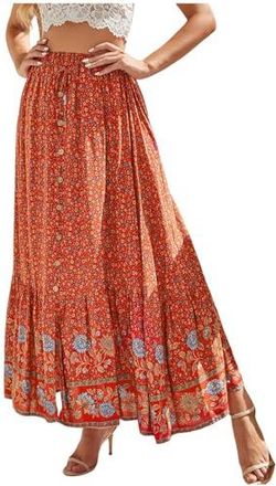 Generic Robes boh&egrave;me 2026 pour femmes - Jupe longue &agrave; motif floral - Taille haute - Imprim&eacute; tendance - D&eacute;contract&eacute; - Bouton en dentelle - Volants fronc&eacute;s, Rou