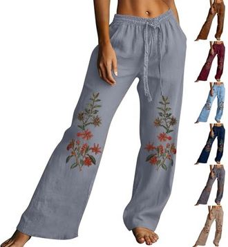 Generic Pantalon boh&egrave;me large pour femme avec broderie florale - Taille &eacute;lastique avec cordon de serrage - Coupe ample - Style d&eacute;t&eacute; d&eacute;contract&eacute;, gris, XXL