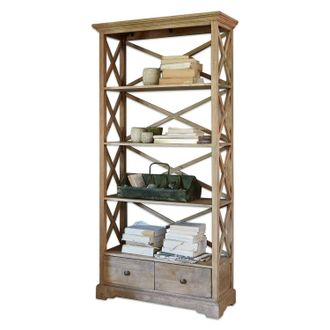 Loberon Regal Vélu, mit Festen Regalböden und Zwei Schubladen, mit Antik-Finish Veredelt, Klassisches Design, Bücherregal, Mangoholz, braun