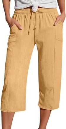 Generic Pantalon court en lin pour femme, pantalon capri pour femme, pantalon d&eacute;t&eacute; d&eacute;contract&eacute;, taille &eacute;lastique, pantalon de jogging 3/4 avec cordon de serra