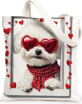 Generic Sac fourre-tout en toile motif chien bichon fris&eacute; pour faire du shopping 33 x 38,1 cm, sac &agrave; bandouli&egrave;re r&eacute;utilisable pour la Saint-Valentin, sac d&eacute;pi
