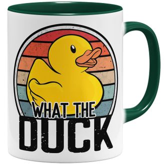 OM3 lustige What the Duck Kaffee-Tasse mit Spruch & gelber Ente - Statement - Keramik Becher - 325ml - Beidseitig Bedruckt - Gr&uuml;n