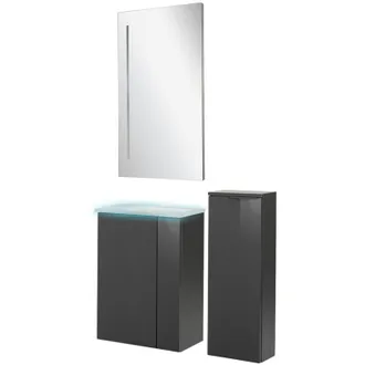 Fackelmann sbc luna G&auml;ste wc Set 5-teilig 45 cm, Anthrazit, Glas Wei&szlig; beleuchtet+Spiegel+Midischrank slim-90280145