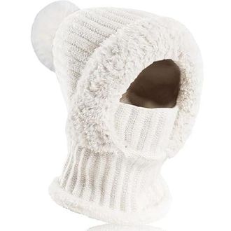 Generic Bonnet dhiver chaud tricot&eacute; avec cache-cou pour femme, chapeau dhiver en laine avec doublure en polaire chaude, cagoule coupe-vent pour femme, blanc, 