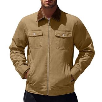 Generic Veste pour homme avec poches poitrine - Veste cargo avec fermeture &eacute;clair - En coton - Couleur unie - Avec col rabattu - Confortable - Coupe-vent - Ve