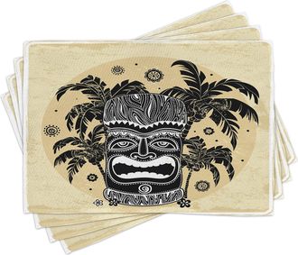 Abakuhaus Tiki Bar Platzmatten, Palm Verziert, Tiscjdeco aus Farbfesten Stoff für das Esszimmer und Küch, Braun, Weiß, Gelb