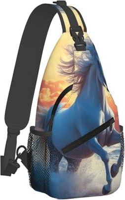 Generic Casual Sacoche Port&eacute; &eacute;paule Art du cheval sauvage courant sur la plage du soleil Sling Bag Multifonction Sac DEpaule pour Camping Randonn&eacute;e Cyclisme