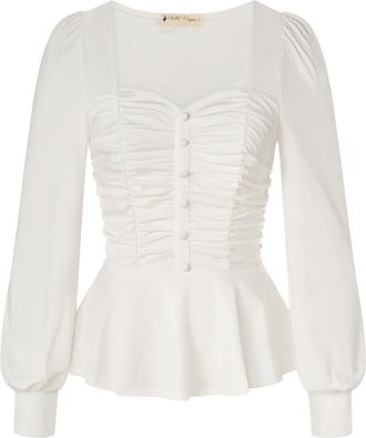 Belle Poque Peplum Tops f&uuml;r Damen Puff&auml;rmel Quadratischer Ausschnitt Ger&uuml;schte Vorderseite Blusen Oberteile