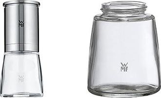 WMF De Luxe Salz und Pfeffermühle, unbefüllt, Cromargan Edelstahl Glas, Keramikmahlwerk, Mühle für Salz, Pfeffer, Chillischoten, H 14 cm & Ersatzglas Gewü
