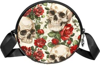 Generic Sac &agrave; bandouli&egrave;re rond pour femme, motif t&ecirc;te de mort, fleurs, petit sac &agrave; dos &agrave; bandouli&egrave;re avec fermeture &eacute;clair, bretelles r&eacute;glables, sac &agrave; main ro
