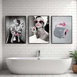 Generic 3 Badezimmer Bilder Frauen 30X40CM Bilderwand Schwarz Wei&szlig; Poster Frau Auf Toilette Gerahmt Leinwand Badezimmer Schwarz Wei&szlig; Bilder Toilette Modern Po