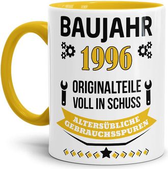 Tassendruck Geburtstags-Tasse Baujahr 1996 Innen & Henkel Gelb/Kaffee-Tasse/Mug/Cup/Becher/Lustig/Witzig/Fun/Geschenk-Idee/Geburts-Jahr/Scherz-Artikel/Geburtstags