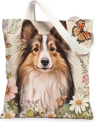 Generic Sac fourre-tout en toile motif chien berger des Shetland pour le shopping, 33 x 38,1 cm, sac d&eacute;picerie r&eacute;utilisable vintage pour femme, motif de voyag