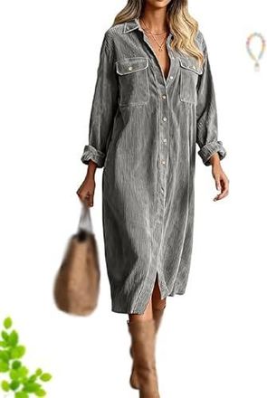 Generic Robe chemise dautomne boutonnée en velours côtelé pour femme, robe midi longue plissée à revers en forme de trapèze, gris clair, XL