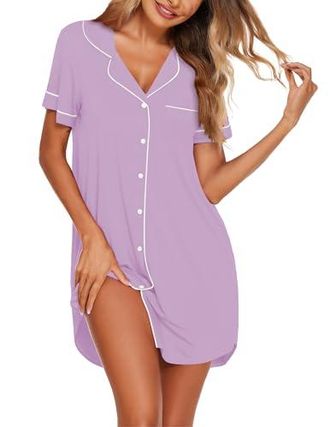 Ekouaer Chemise de Nuit Femme Manche Courte Ete Grande Taille Chemise de Nuit Maternit&eacute; Allaitement Boutonn&eacute;e Devant, Violet Clair, XXL