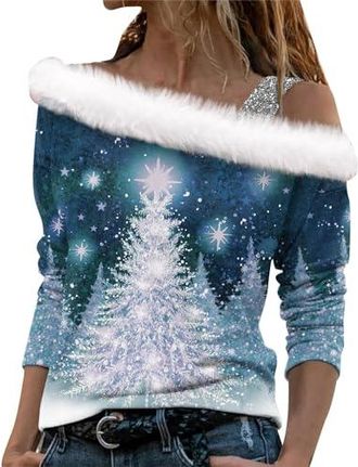 Generic Sexy Tee Shirt Femme Manche Longue Pull De Noel Femme Sweat Femme sans Capuche Impression de larbre de No&euml;l Sexy Strapless Blouse Femme