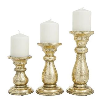 Deco 79 Traditioneller Kerzenhalter aus Holz, Stumpenkerzenhalter für Heimdekoration, Hochzeit, Abendessen, Party, S/3, 25,4 cm, 20,3 cm, 15,2 cm, goldfarben