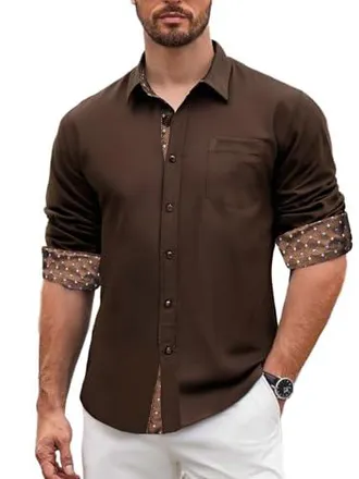 Barry.Wang Chemise habill&eacute;e &agrave; manches longues boutonn&eacute;e pour homme - Col contrast&eacute; - Style d&eacute;contract&eacute; - Pour f&ecirc;te, mariage, Col &agrave; carreaux marron clair, 3XL