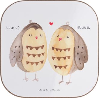 Mr. & Mrs. Panda Untersetzer Glas Eulen Liebe - Geschenk, Eule, P&auml;rchen, f&uuml;r Gl&auml;ser, Verliebt, Hochzeit Spruch, Coaster, bieruntersetzer, Holzuntersetzer