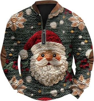 Generic Pull à col rond pour homme - Style décontracté - Imprimé Père Noël 3D - Fermeture éclair - Manches longues - Pull dhiver - Coupe ajustée, Jn, 3XL
